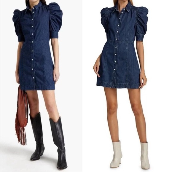 Frame Denim | Dresses | Frame Gillian Denim Puff Sleeve Mini Dark Denim ...